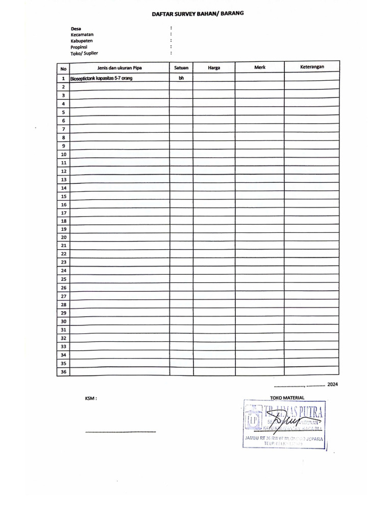 Form Survey Bahan | PDF