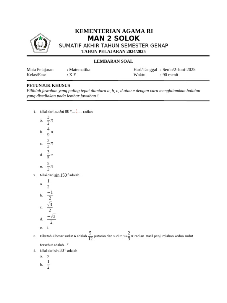 Soal Sumatif Akhir Tahun Matematika 2025 Kelas x - Copy (2) | PDF