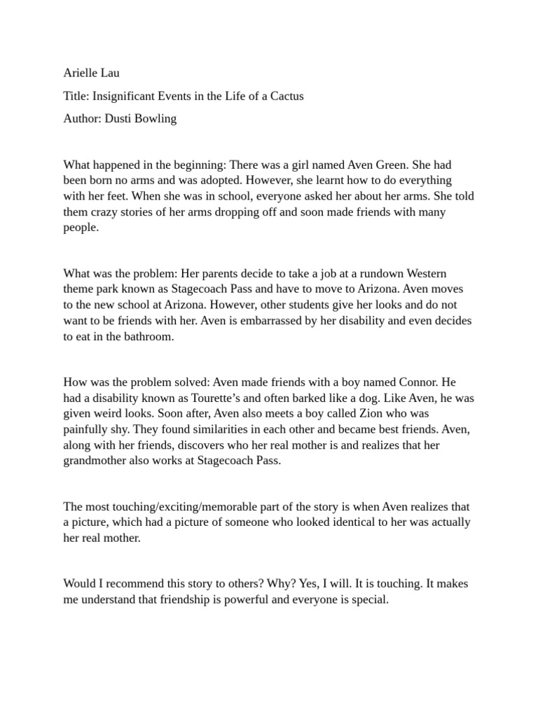 Insignificant Events in The Life of A Cactus Book Review | PDF
