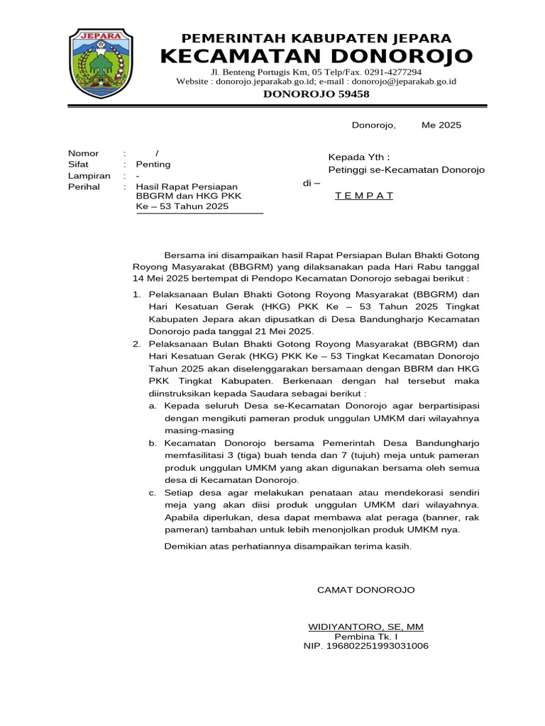 Surat Keluar - Hasil Rapat Dan Kunjungan Lapangan Persiapan BBGRM | PDF