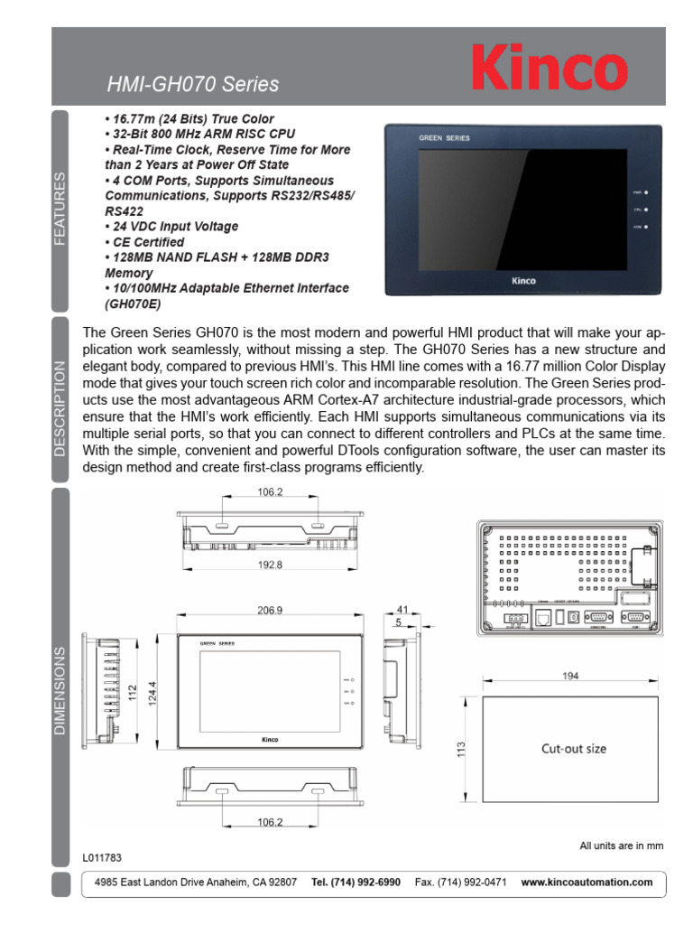 l011783 - Hmi-Gh070 Spec Sheet | PDF | Usb | Display Resolution