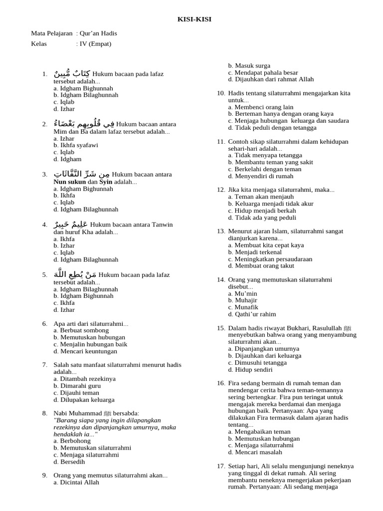 QH Kelas 4 Format Penulisan Soal SAT 2024-2025 (Genap) | PDF