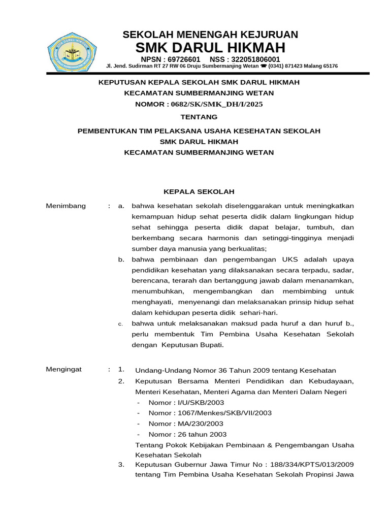 Contoh Sk Tim Pembina Uks Lembaga | PDF