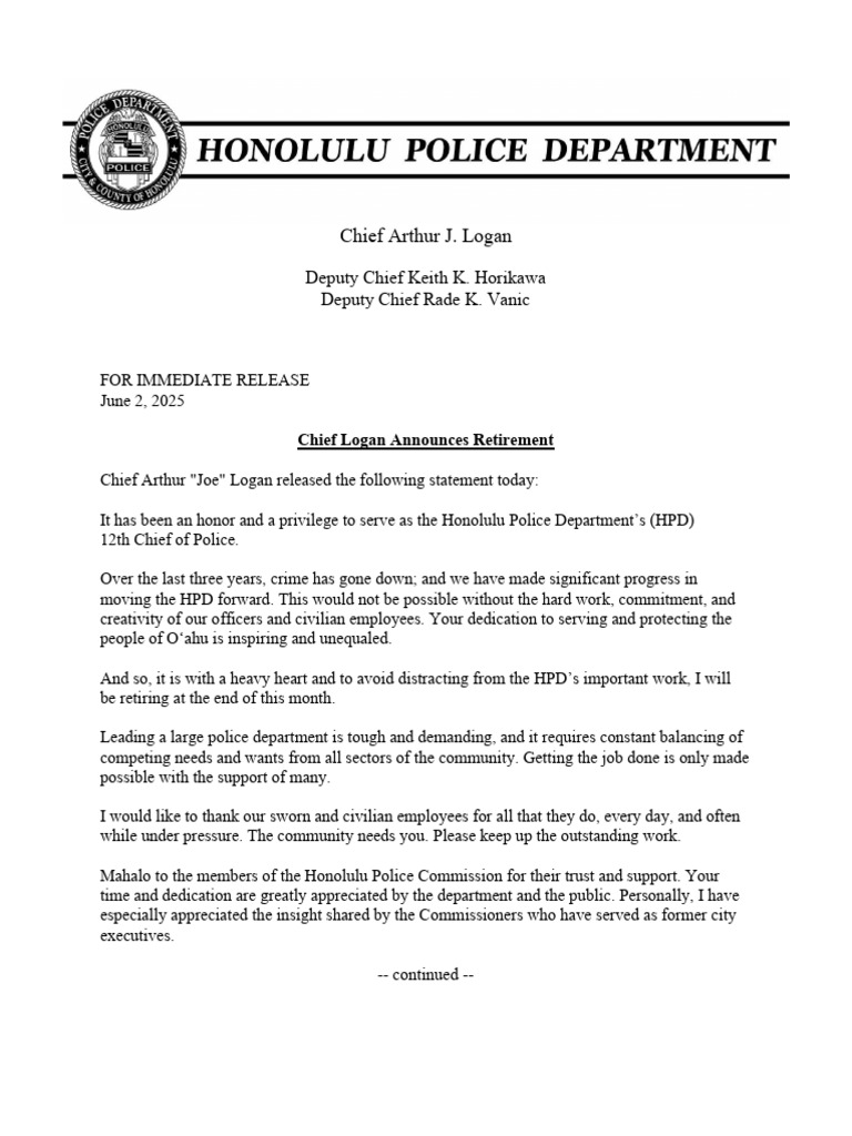 HPD Chief Joe Logan Announces Retirement | PDF