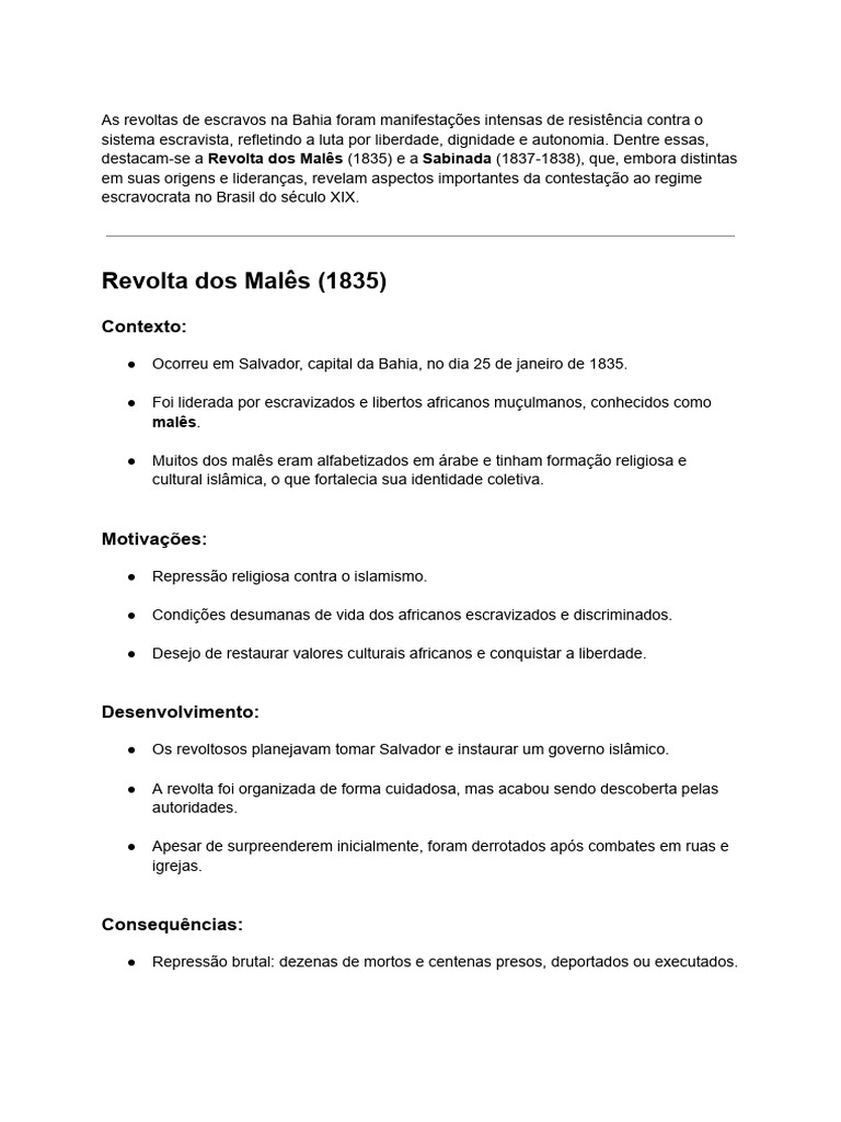 Revolta Dos Malês (1835) e A Sabinada (1837-1838) - Documentos Google ...
