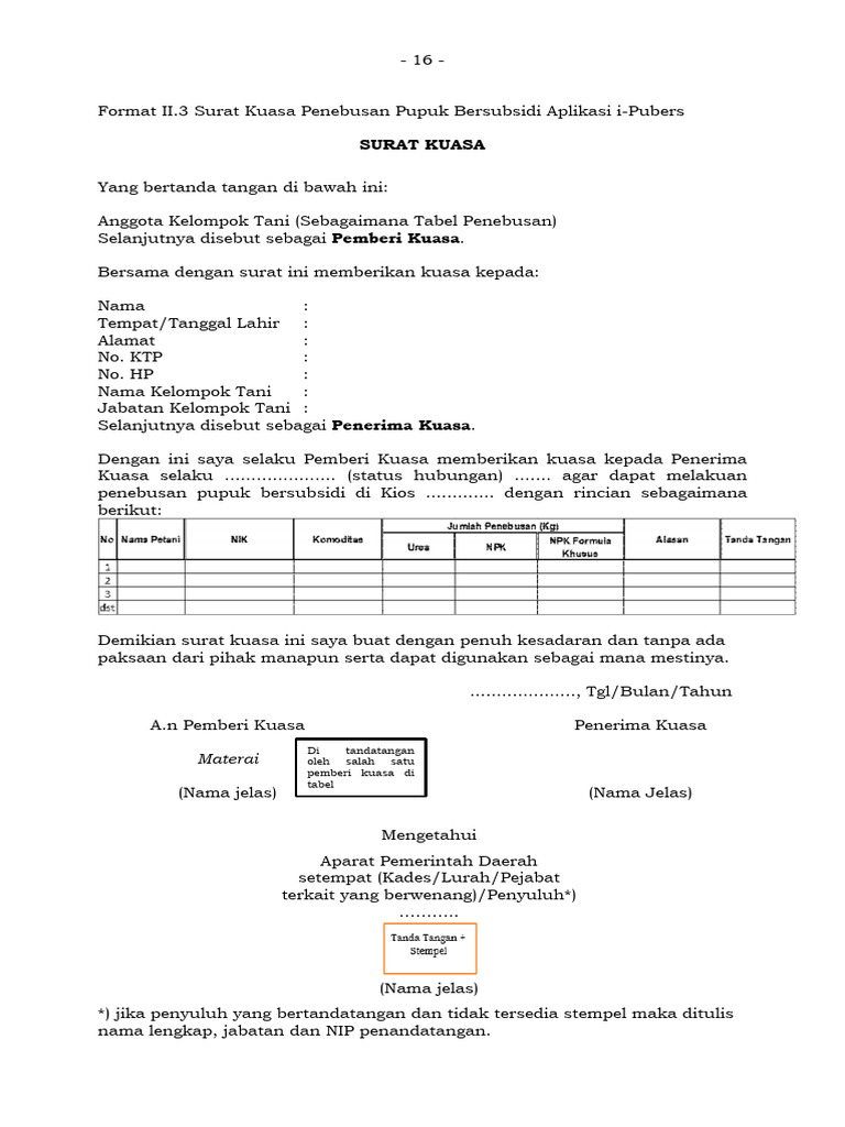 Surat Kuasa Penebusan Pupuk Bersubsidi Aplikasi I-Pubers | PDF