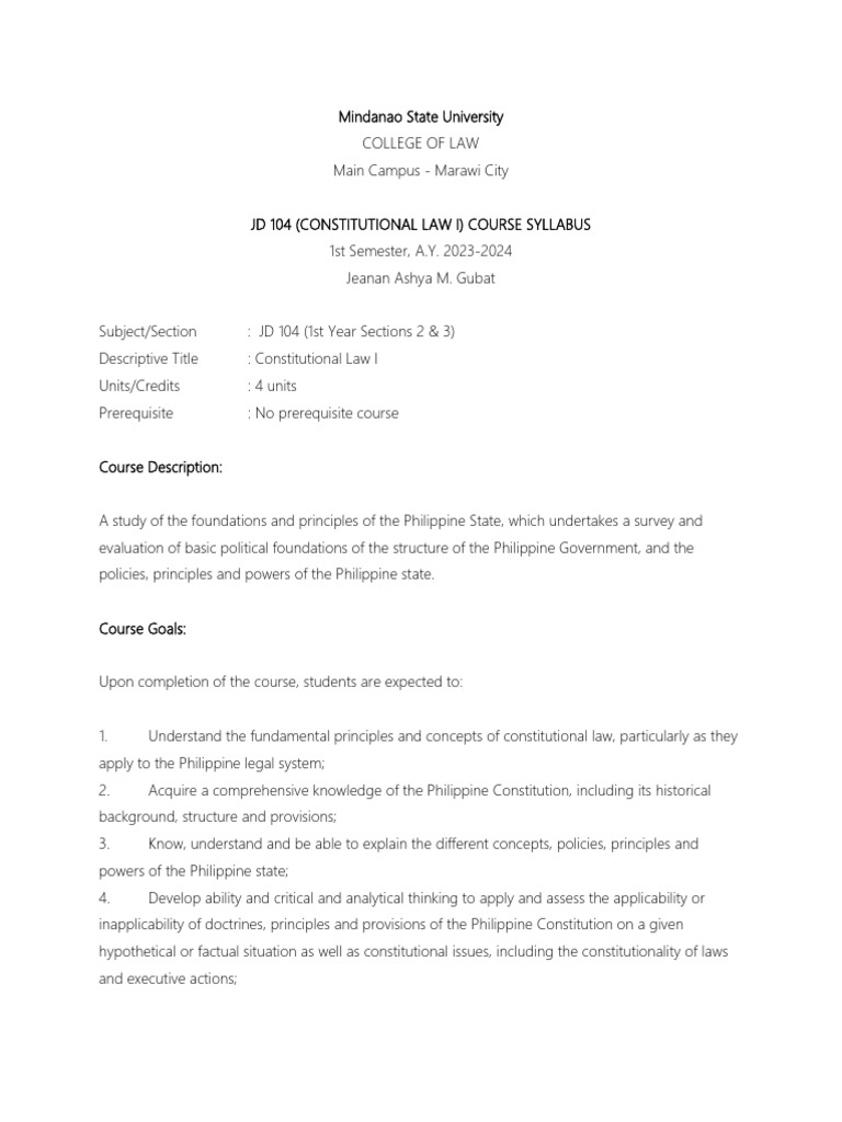 JD 104 Constitutional Law Syllabus 2023 | PDF | Constitution ...