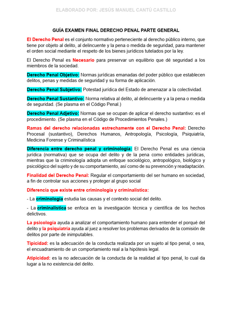 Guía Examen Final Derecho Penal Parte General | PDF | Derecho penal | Castigos