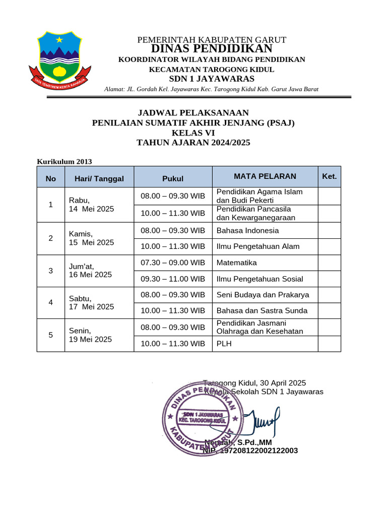 Jadwal Psat Dan Psaj Kelas 6 TP 2024-2025 Sd...... | PDF