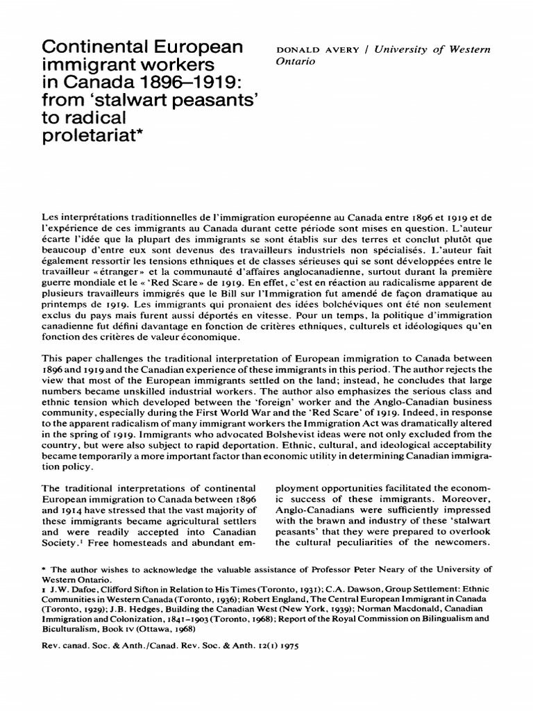 Continental European Immigrant Workers in Canada 1896-1919 | PDF ...
