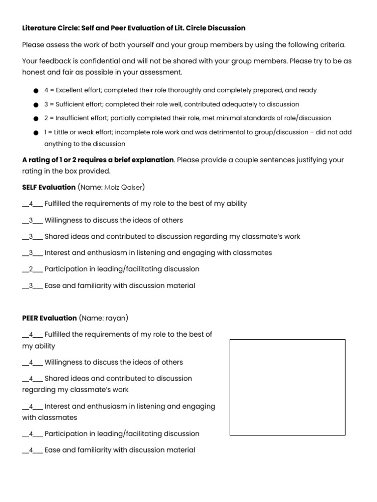 Literature Circle - Self and Peer Eval | PDF | Cognition | Human Communication