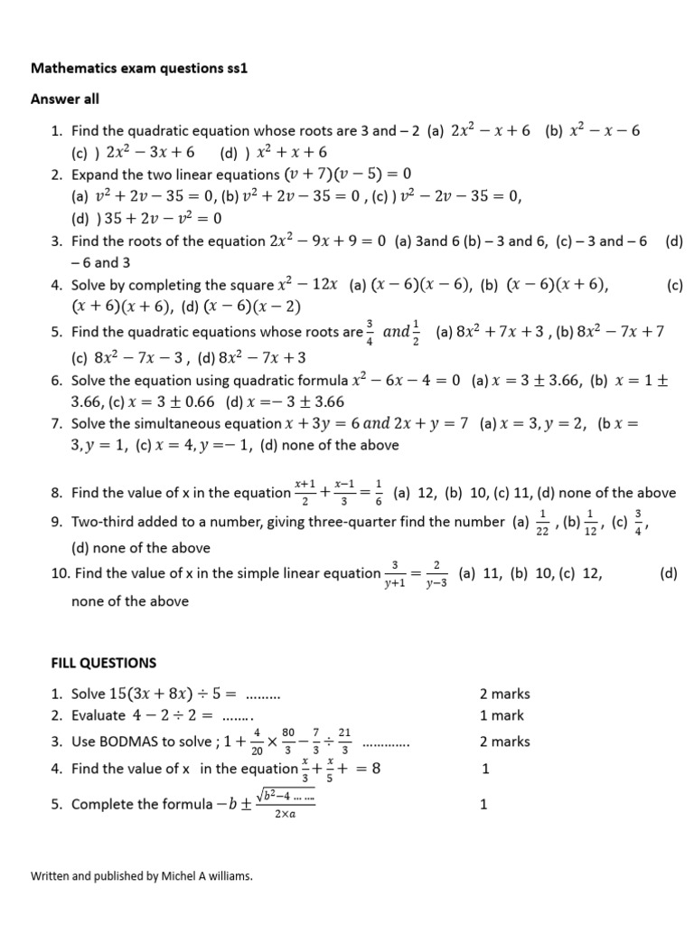 SS1 & SS2 Mathematics Exam Questions | PDF | Quadratic Equation ...