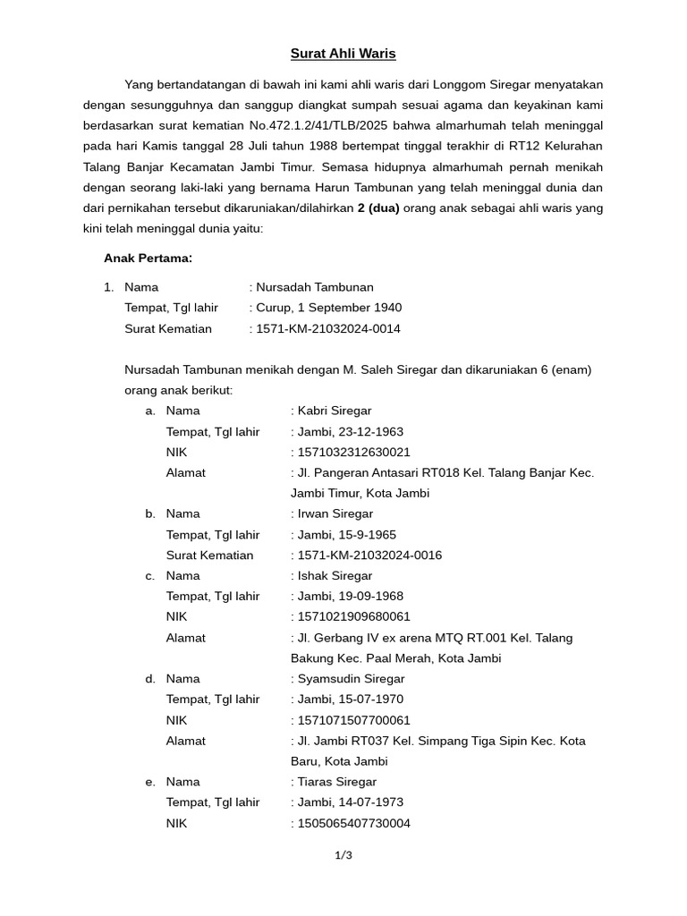 Surat Ahli Waris - Tanpa Daftar Ahli Waris | PDF