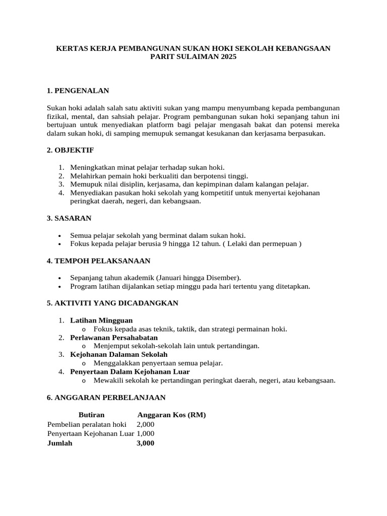 Kertas Kerja Pembangunan Sukan Hoki Sekolah Kebangsaan Parit Sulaiman 2025 | PDF
