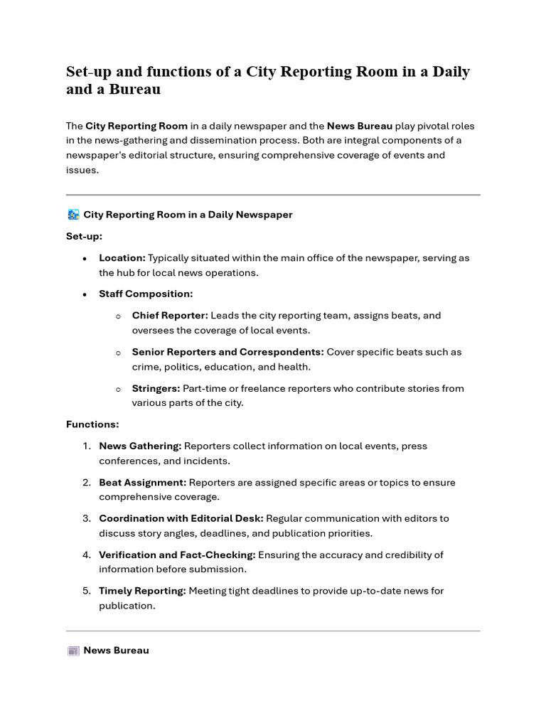 City Reporting Room and News Bureau Functions | PDF | News | Newspapers