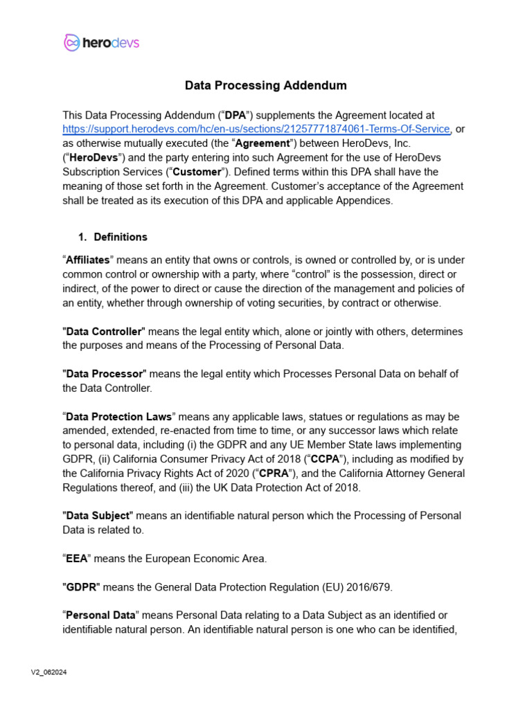 Hero Devs Data Processing Agreement 2024 | PDF | Information Security ...