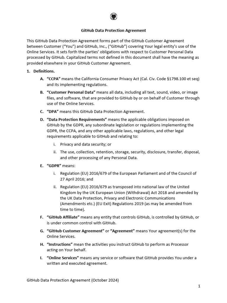 GITHUB 202410 GitHubDataProtectionAgreement | PDF | Privacy | Information Privacy