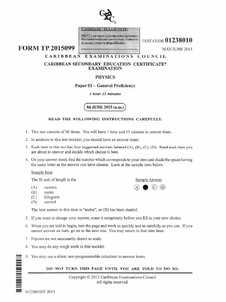 CSEC Physics P1 2015 MJ.solutions | PDF