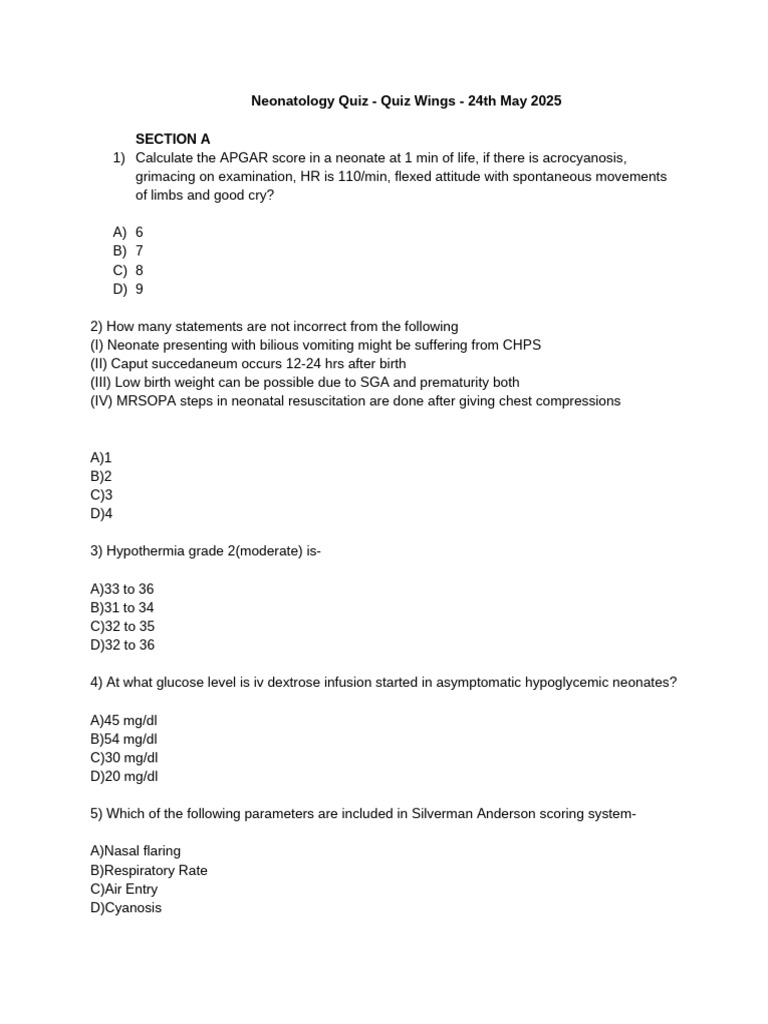 Neonatology Quiz - Quiz Wings - 24th May 2025 - Question Paper | PDF ...