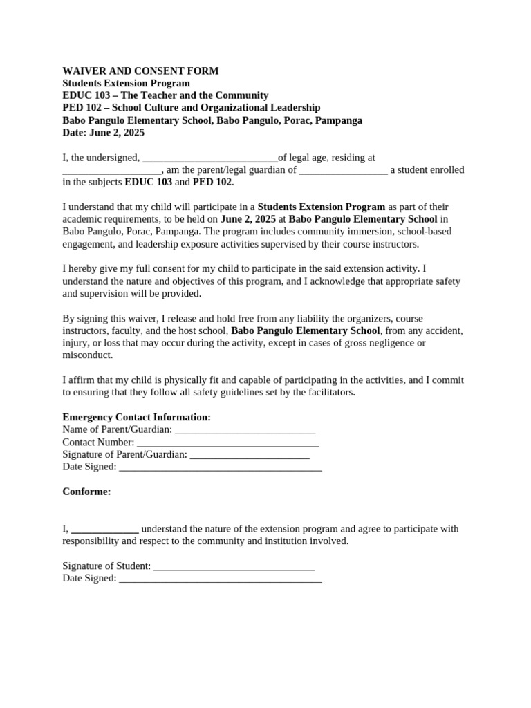 Student Extension Program Consent Form | PDF