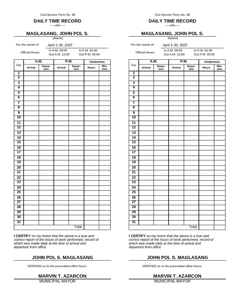 CSC Form 48 Daily Time Record DTR | PDF