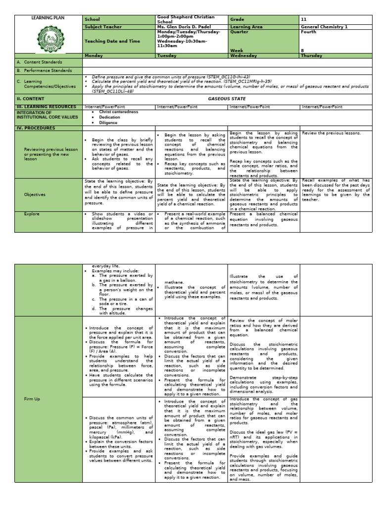 Chemistry Learning Plan: Gaseous State | PDF | Stoichiometry | Physical ...