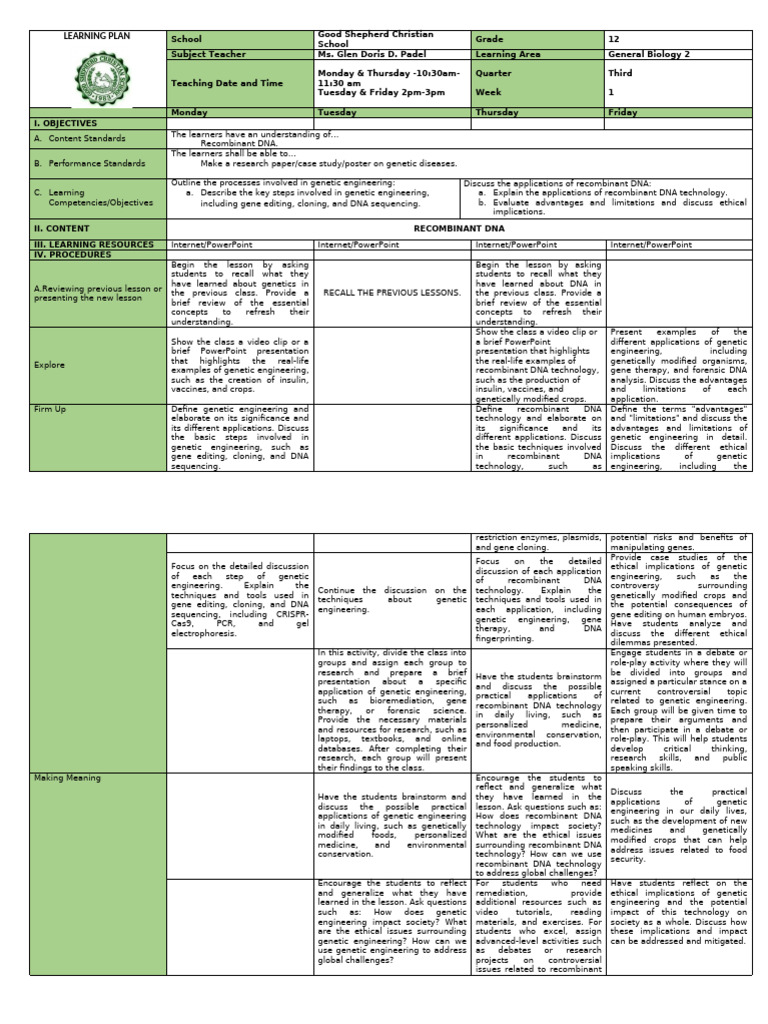 Gb2 q3 Week1 Lesson Plan | PDF | Genetic Engineering | Molecular Cloning