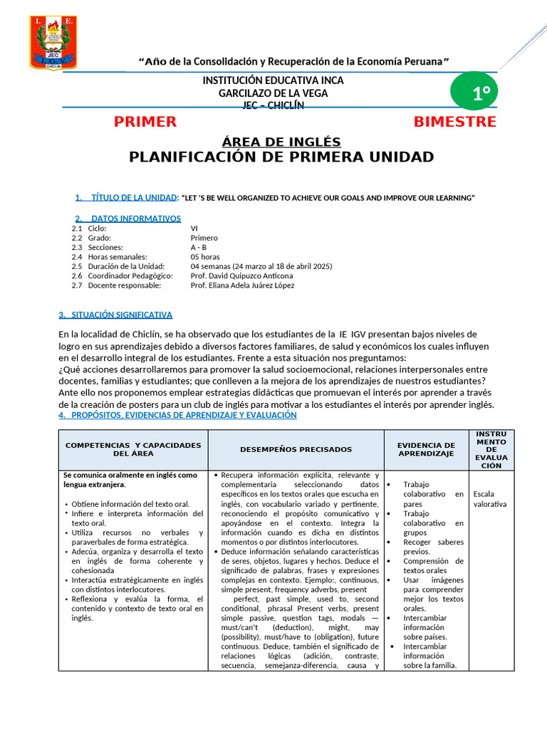 Unidad 1 Primer Año | PDF | Idioma en Inglés | Aprendizaje