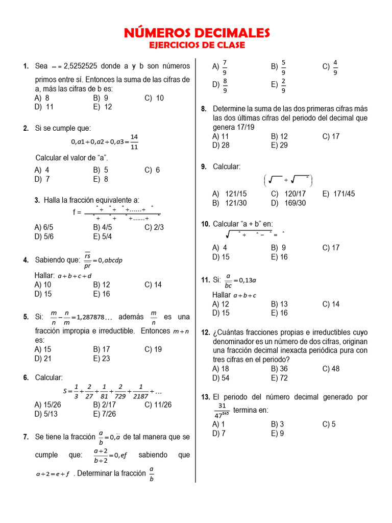 Ejercicios de Números Decimales | PDF | Matemática Elemental | Matemáticas