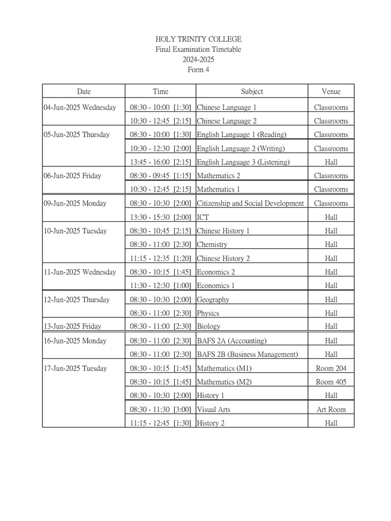 HTC S4 2024-25 Final Timetable | PDF