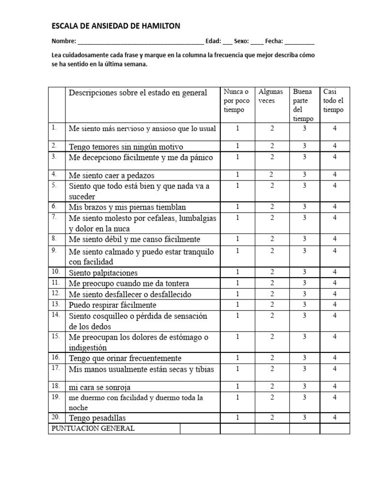 Escala de Ansiedad de Hamilton | PDF