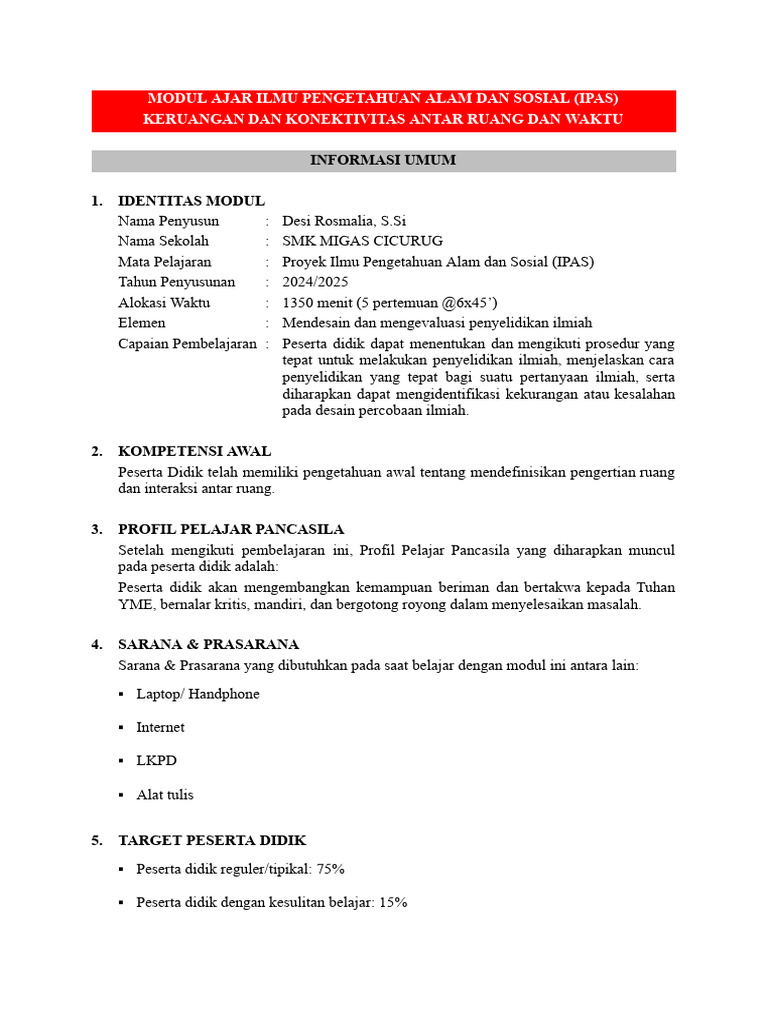 Modul IPAS E - Keruangan Dan Konektivitas Antar Ruang Dan Waktu | PDF