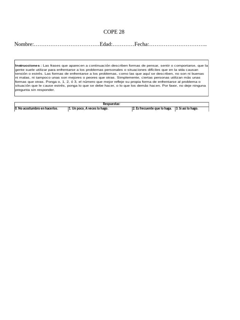 Cuestionario Cope-28 | PDF | Pensamiento | Estrés (biología)