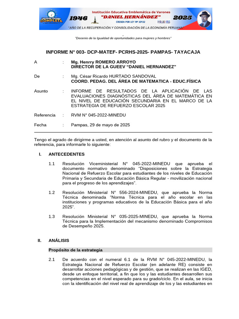 Inf. 003 Result. Eval. Diag. 2025.ref. Escolar - Mat. | PDF ...