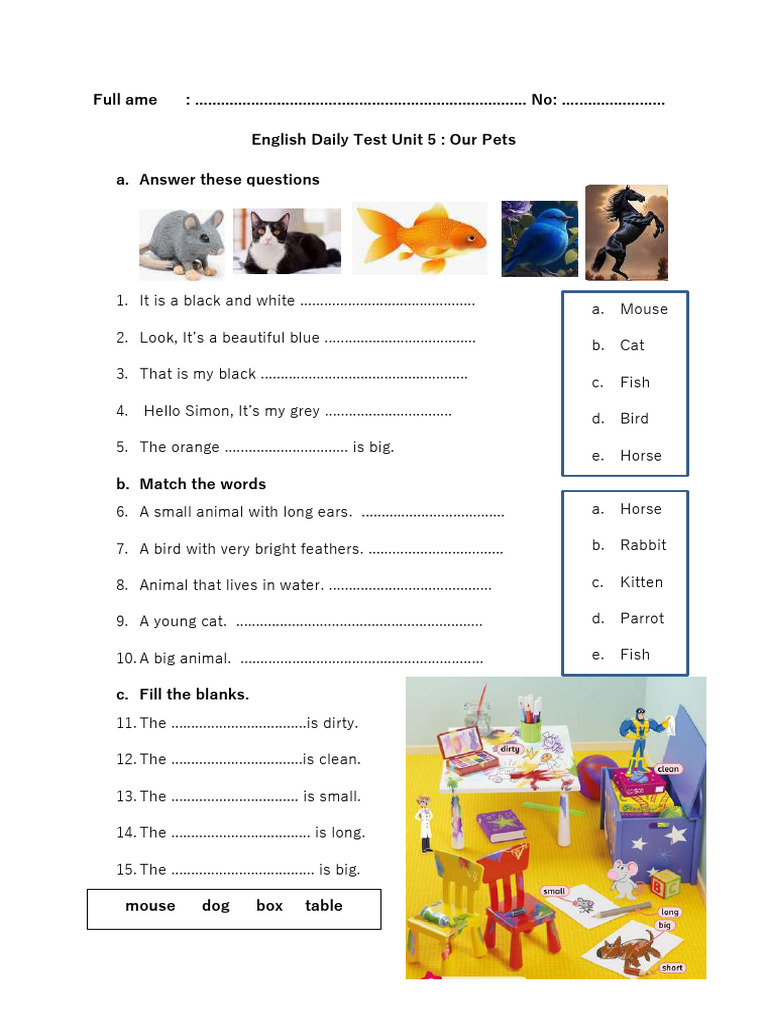 English Daily Test Unit 5 Our Pets | PDF
