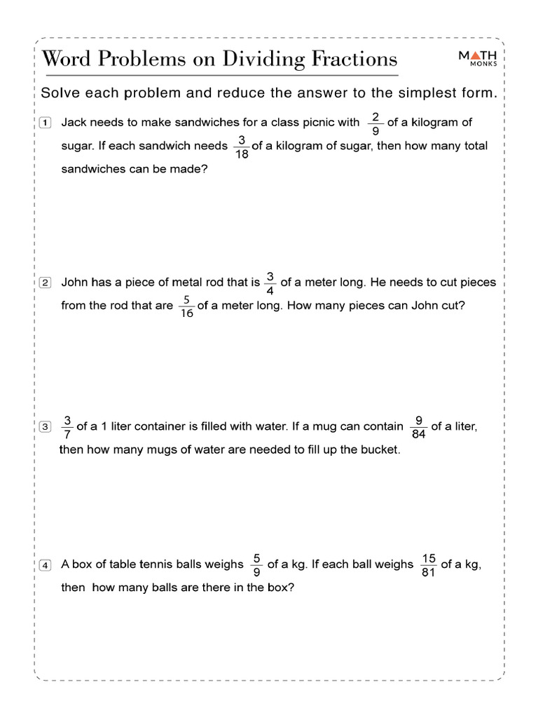 Dividing Fractions Word Problems Worksheet | PDF