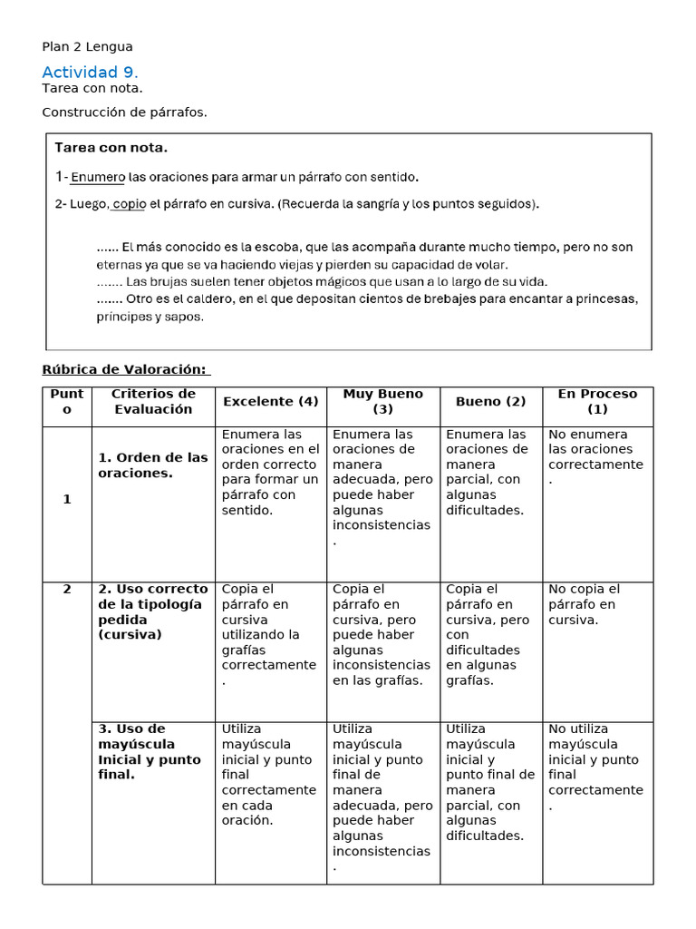 Rúbrica de Evaluación - Tarea Con Nota Actividad 9 - Plan 2 - Lengua (1 ...