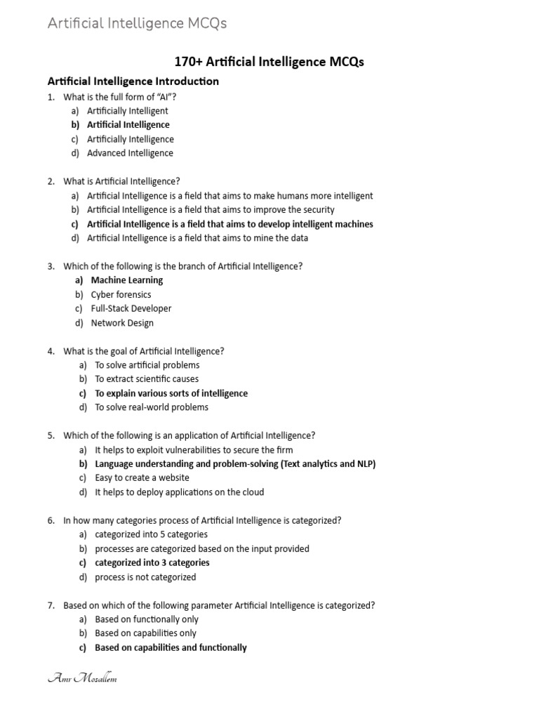 170+ Artificial Intelligence MCQs | PDF | Artificial Intelligence | Intelligence (AI) & Semantics