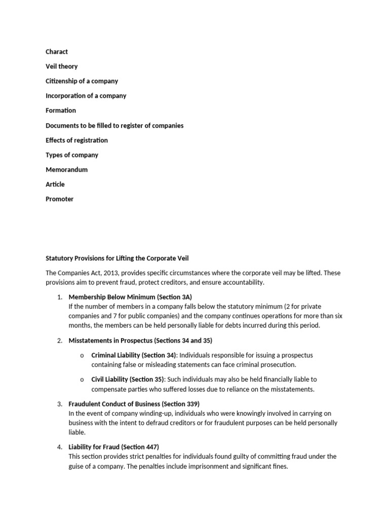 Statutory Provisions For Lifting The Corporate Veil | PDF | Piercing ...