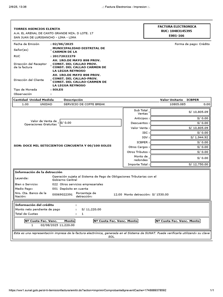 Factura Electronica RUC: 10483145395 E001-166 | PDF | Factura ...