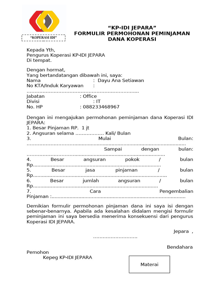 Form Pinjam Koperasi | PDF