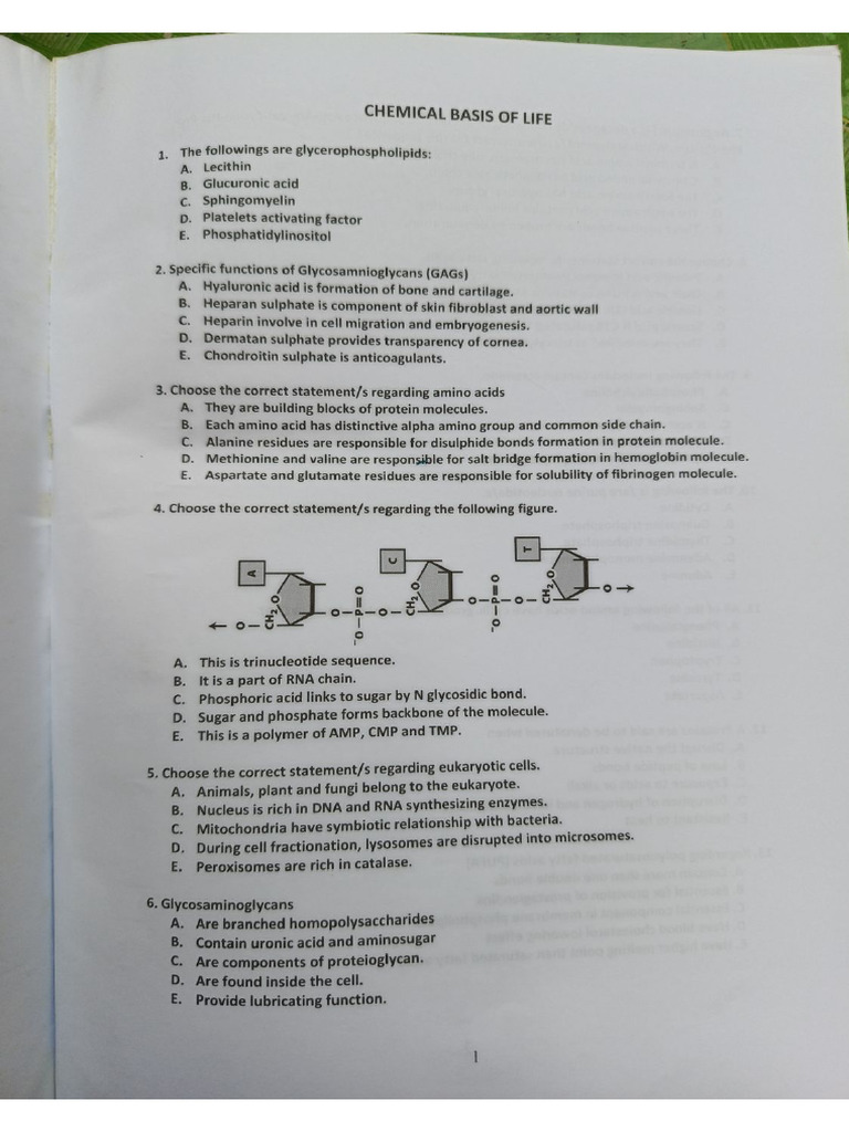 Chemical Basis of Life MCQ | PDF
