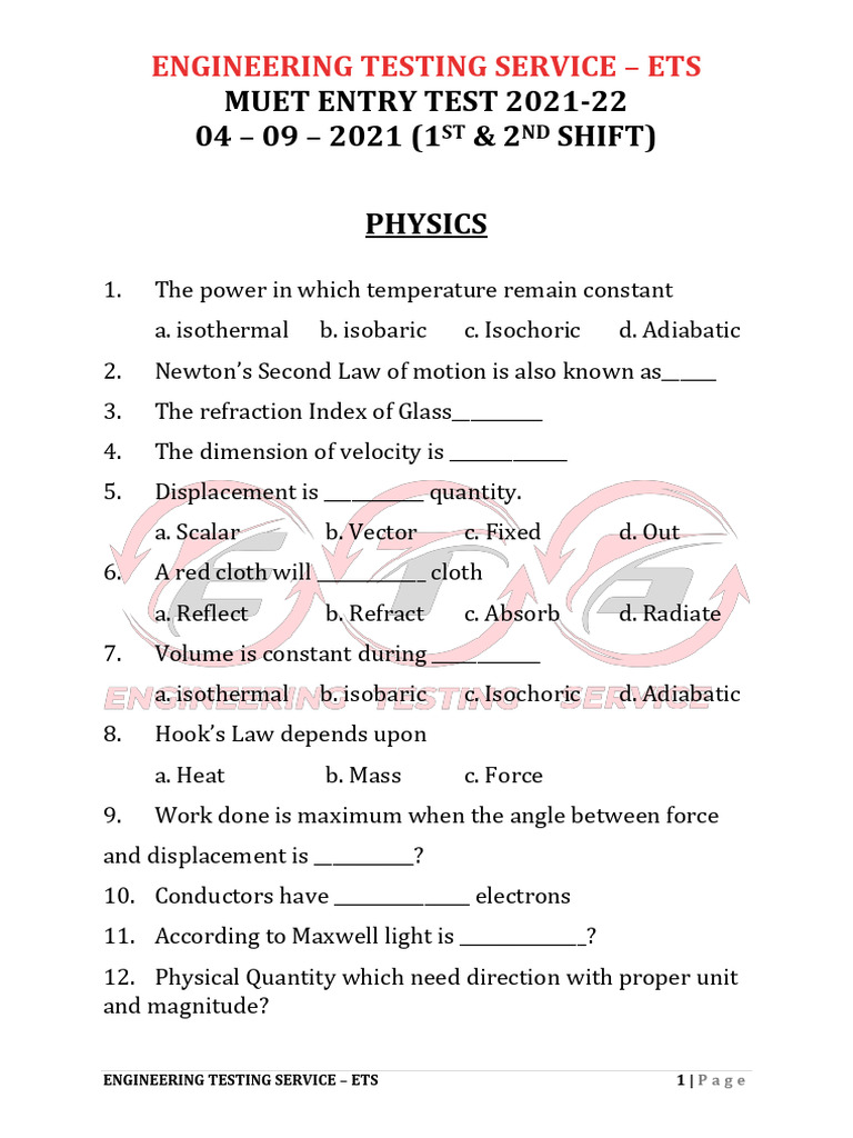 MUET TEST 04-09-21 (1st and 2nd Shift) | PDF | Force | Physical Chemistry