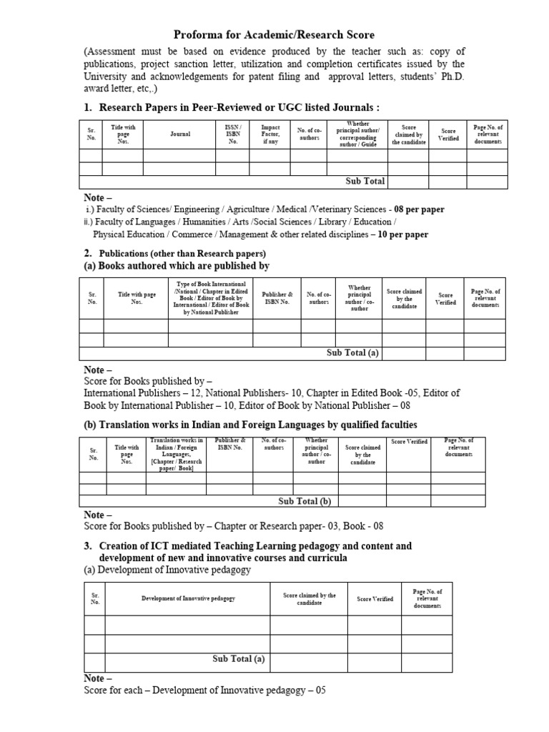 B. Proforma For Academic and Research Score - Table 2 | PDF | Books | Thesis