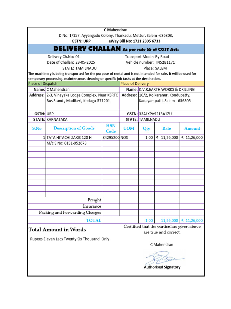 GST Delivery Challan Format Template | PDF