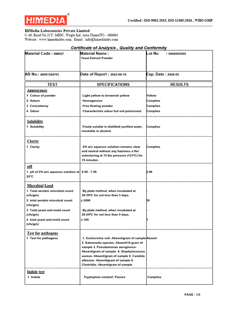 Yeast Extract Powder Analysis Report | PDF | Microbiology