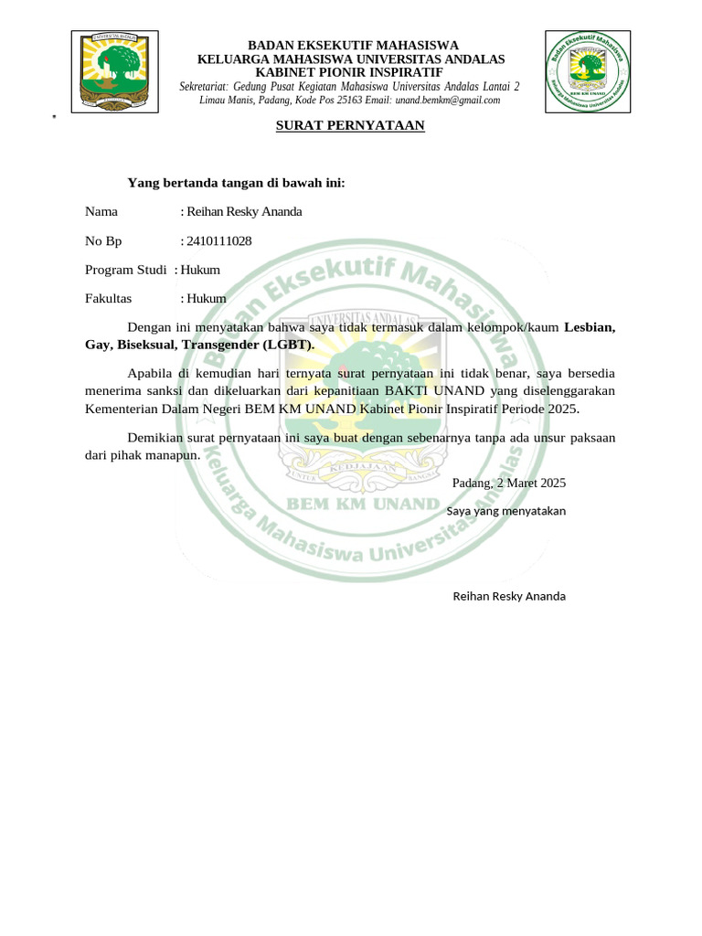 Surat Pernyataan Bebas LGBT | PDF