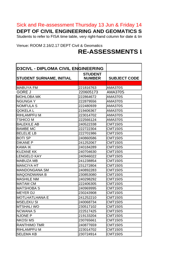 Re-Assessment List Civil Bgencv 2024 Sem1!13!14june2024-1 | PDF ...
