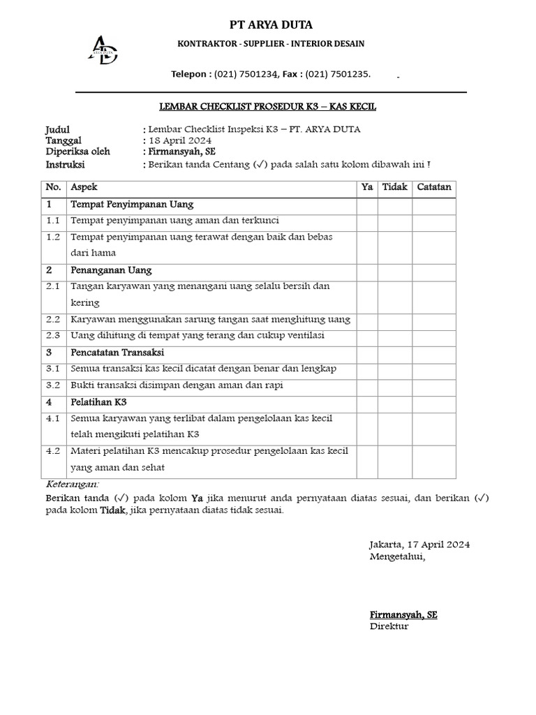 Daftar Checklist Prosedur k3 Kas Kecil | PDF