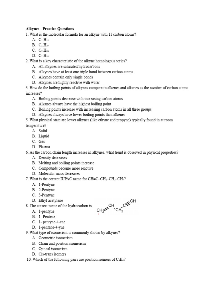 Alkyne Practice Questions and Answers | PDF | Isomer | Alkane